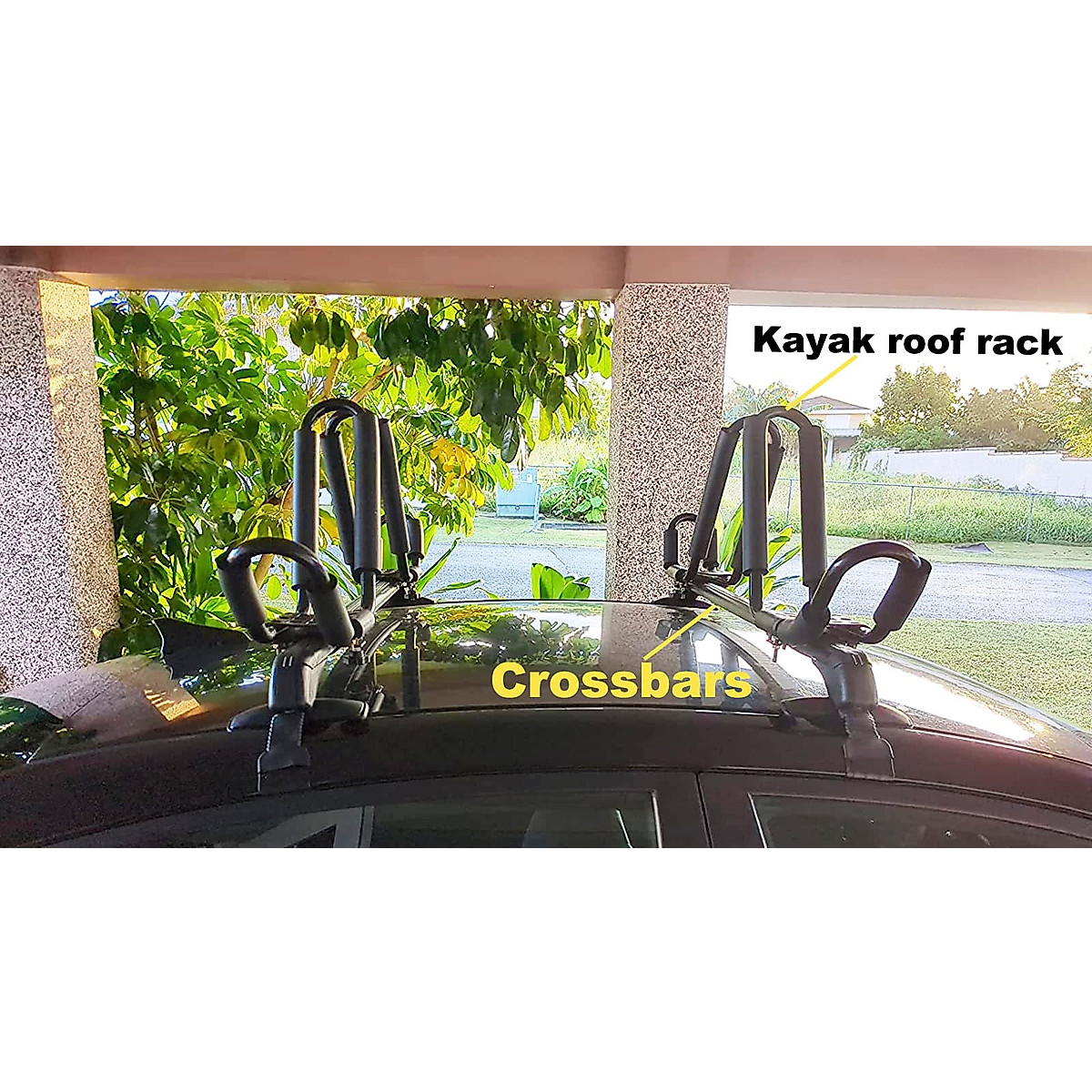 2 Pairs Kayak Rack J-Bar Car Roof Rack for Canoe Carrier SUP Paddle Surfboard Mount on Car SUV and Truck Crossbar， Includes 4 Pcs Roof Rack Tie Down Cam Straps.