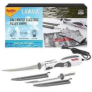 Smith's Lawaia Electric Fillet Knife 51233-2 Removable 8” Serrated Stainless Steel Blades w/Sheath - Fillet Glove & Mesh Storage Bag - Fishing, Outdoor, Hunting Electric Knife - 6 ft Power Cord, White