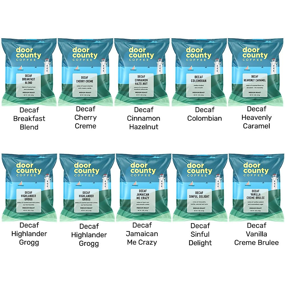 Gourmet Flavored Decaf Coffee Sampler Pack - 10 Bags of Unique Flavored Coffees - Roasted by Door County Coffee