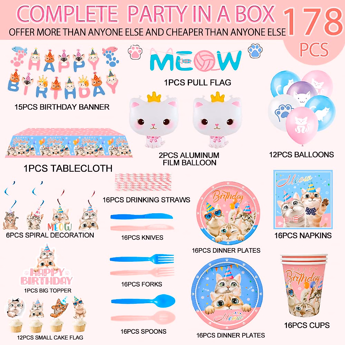 Cat Birthday Party Supplies,178pcs Cat Party Decorations&Tableware Set-Kitten Birthday Party Decorations Balloons Banner&Cat Party Plates Cups Napkins Tablecloth etc Cat Themed Birthday Party Supplies