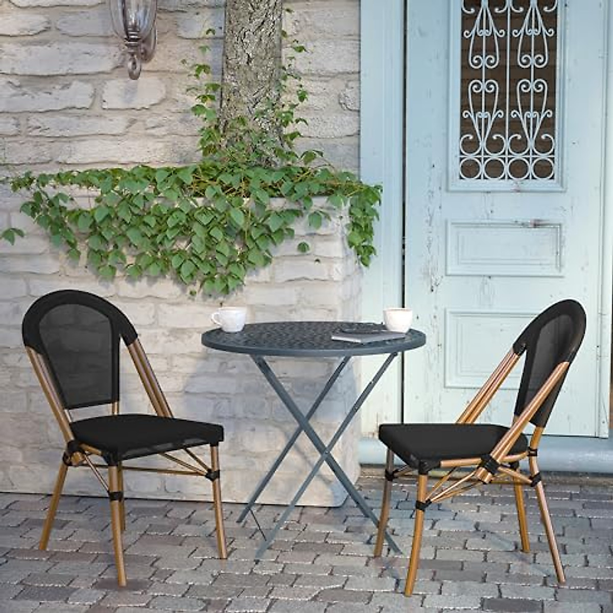 Flash Furniture Marseille 2 Pack Indoor/Outdoor Commercial Bistro Stack Chairs - Black Textilene Back and Seat - Natural Bamboo Print Aluminum Frame