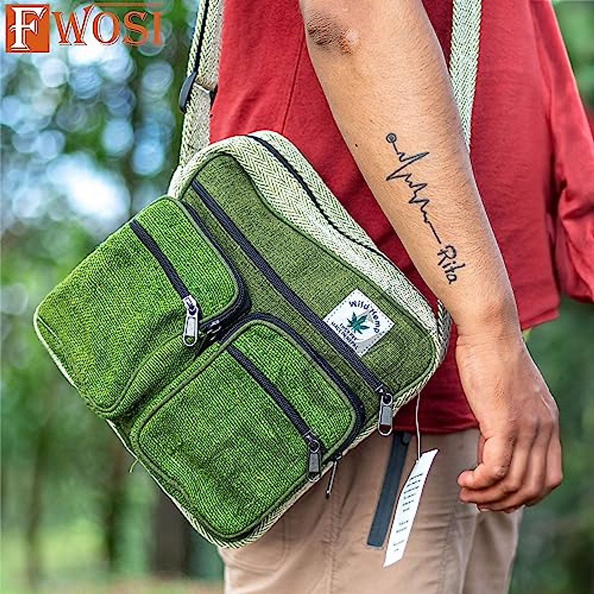 Fwosi Hemp Crossbody Messenger Bag - Unisex School Tote for Men & Women - Lightweight, Bohemian Shoulder Sling Bags - 4 Compartments, Zipper Closure, Adjustable Strap - Handmade in Nepal - Green