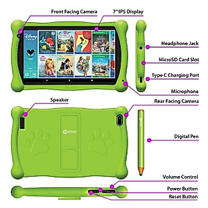 Contixo 7 inch Kids Learning Tablet, Bluetooth Kids Wireless Headphone and Tablet Bag Bundle with with Teacher Approved apps and Parent Control - Green Set