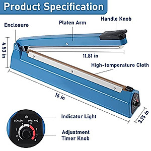 Ganggend 16 Inch Impulse Heat Sealer Manual Poly Bag Sealing Machine Adjustable Timer Heating Closer with Extra Replace Element for Plastic PE PP Mylar Poly Foil Bags