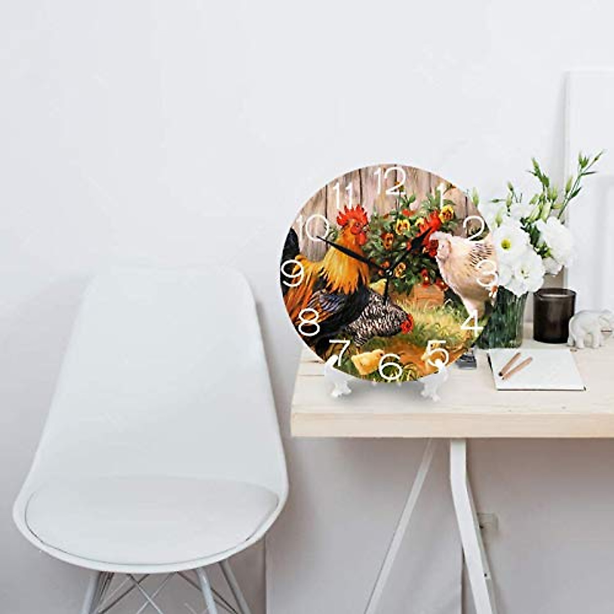 TazPrab Chicken Roosters Garden Flowers Painting Wall Clock Silent Non-Ticking 10 Inch Round Wall Clock Home Decor Clock Art for Living Room Kitchen Bedroom