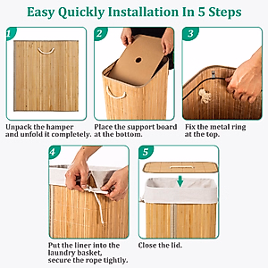 Btamree Laundry Hamper with Lid, Bamboo Laundry Basket with Handles & Removable Liner, 12.7 Gal (58L) Foldable Laundry Hamper for Laundry Room, Bedroom, Bathroom, Living Room (Round Natural)