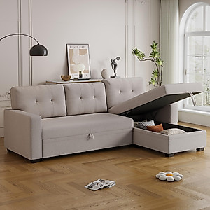 Acosure 82" Sectional Sleeper Sofa with Storage Chaise & Pull-Out Bed,L-Shape Convertible 3 Seater Couch W/Tufted Backrest,Reversible Sleeper for Living Room Apartment Office,Beige