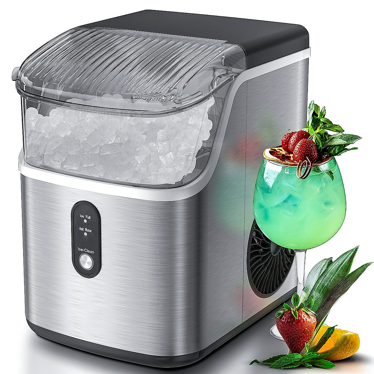 ZAFRO Nugget Ice Maker Countertop，One-Click Self-Cleaning Portable Ice Machine with Ice Scoop and Basket，Soft Chewable Ice in 7 Mins，35lbs/24H，for Home Kitchen Office Party，Stainless Steel Silver