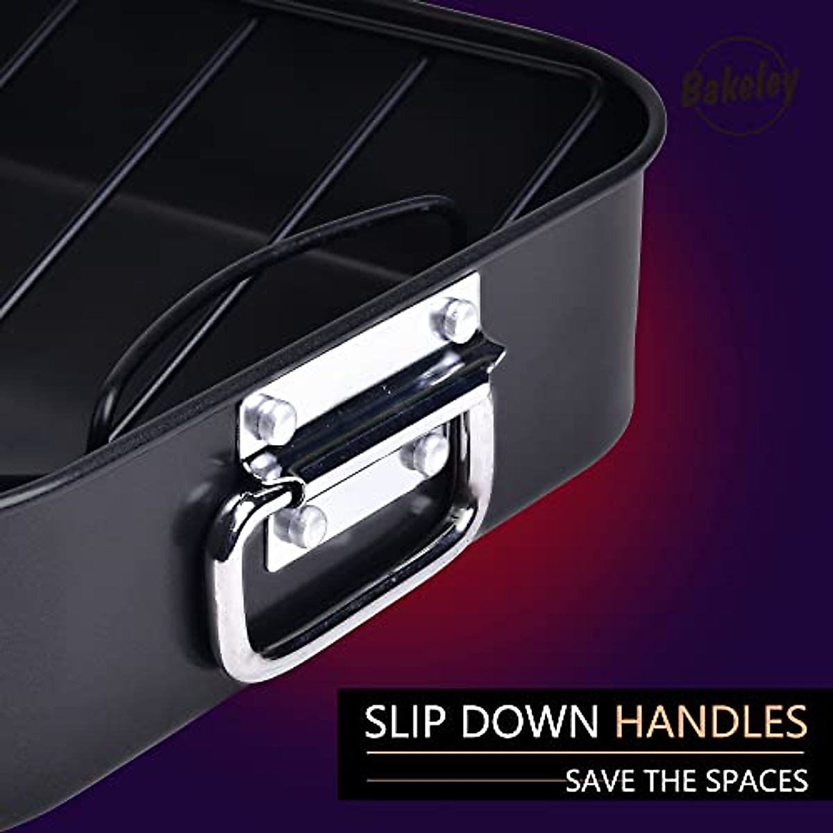 Bakeley Roasting Pan, Nonstick Roaster Pan with Rack, Turkey Roasting Pan with V Rack, 17 Inch x 13 Inch, Black