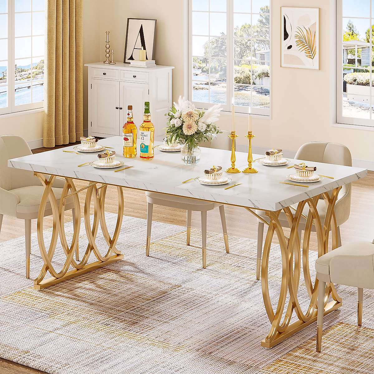 Tribesigns Modern Dining Table for 4-6 People, 63" Large Rectangular Kitchen Table with Faux Marble Tabletop and Gold Geometric Legs, Unique Dinner Table Kitchen & Dining Room Furniture, White & Gold