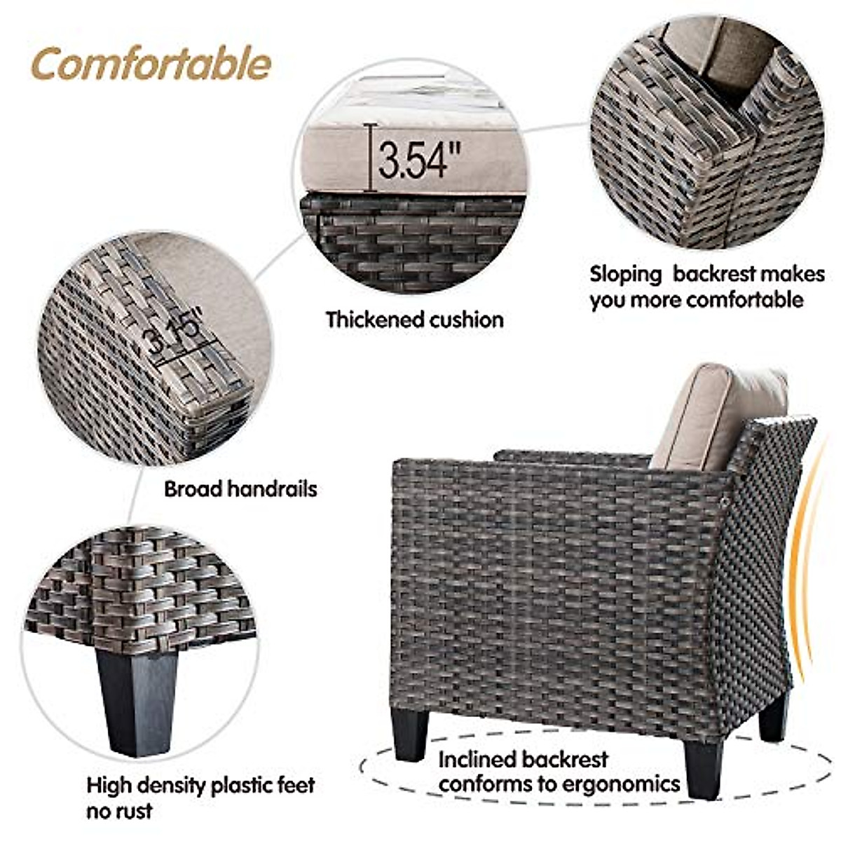 OVIOS Patio Furniture Set 2 Wicker Chairs All Weather Outdoor Single Chairs Patio Dining Chairs Manual Weaving Rattan Sofa, Garden Porch Backyard, Steel (Beige)