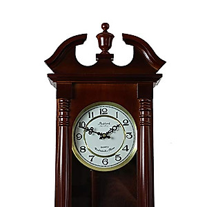 Bedford Clock Collection Classic Chiming Wall Clock with Swinging Pendulum in Cherry Oak Finish, 4.75" L x 11.75" W x 27.50" H