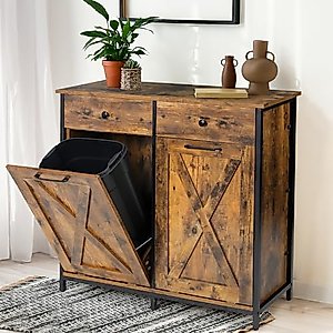 Clevich Double Tilt Out Trash Cabinet 20 Gal, Kitchen Wooden Recycling Cabinet, Hidden Trash Can Holder w/Drawers & Tabletop, Dog-Proof Trash Bin Cabinet, Trash Bins NOT Included (Retro Brown)