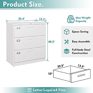 MIIIKO Lateral File Cabinet 3 Drawer, White Metal Filing Cabinet with Lock Lock for Home Office, Large Storage File Organizer for Hanging File Folders,Easy Assemble