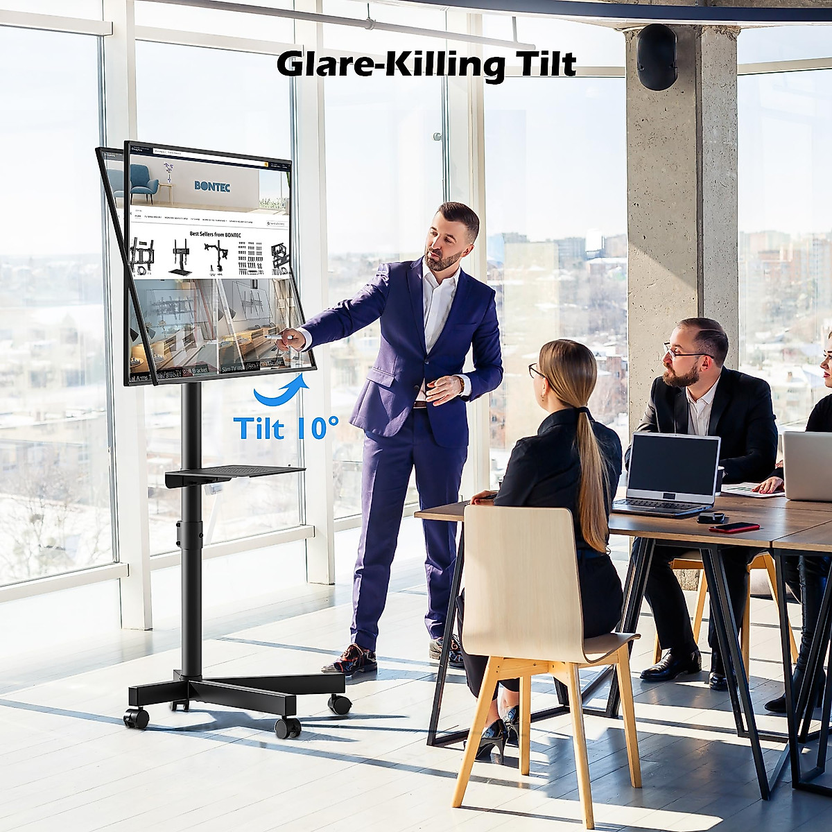 BONTEC Mobile TV Stand, Tilt Rolling TV Cart with Media Shelf and Locking Wheels, Fits 23-60” LED, LCD, OLED Flat & Curved TVs, Holds Up to 55lbs, Max VESA 400x400mm