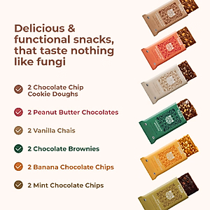 Organic Functional Mushroom Protein Bars | Made in USA | Full Dose (1500mg) Lions Mane, Chaga, Reishi & Cordyceps Bars | Vegan Protein Bars, Adaptogens, Superfoods Protein Bars | 12 Bars Variety Box