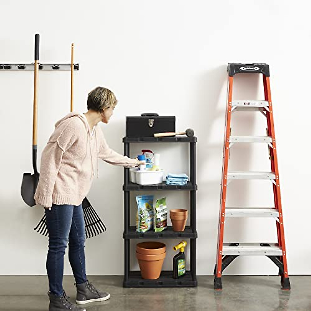 Gracious Living 4 Shelf Knect-A-Shelf Solid Light Duty Storage Unit 24 x 12 x 48 Organizer System for Home, Garage, Basement, and Laundry, Black (4 Pack)