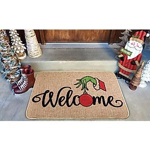 Erweicet Christmas Door Mat Xmas Welcome Christmas Mat Non-Slip and Washable Winter Doormat Rubber Back Snowflakes Door Mat Rugs for Indoor Outdoor(Green Hand Pattern)