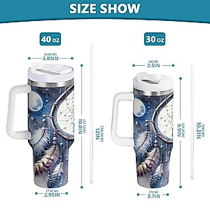 Maunzc 30 oz Tumbler with Handle and Straw, Insulated Stainless Steel Travel Mug with Lid for Coffee, Iced Tea, Water, Gift for Men Women (Dreacatcher Owl)