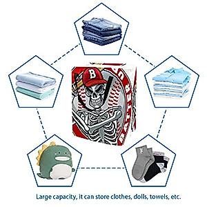 Human Skeleton Playing Baseball Print Collapsible Laundry Hamper, 60L Waterproof Laundry Baskets Washing Bin Clothes Toys Storage for Dorm Bathroom Bedroom