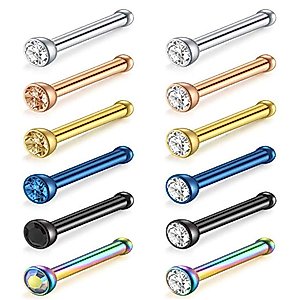 Tvoip 12Pcs 18G 316L Stainless Steel Crystal Nose Ring Women Girl Surgical Steel Nose Piercing Crystal Nose Stud Lot Body Jewelry