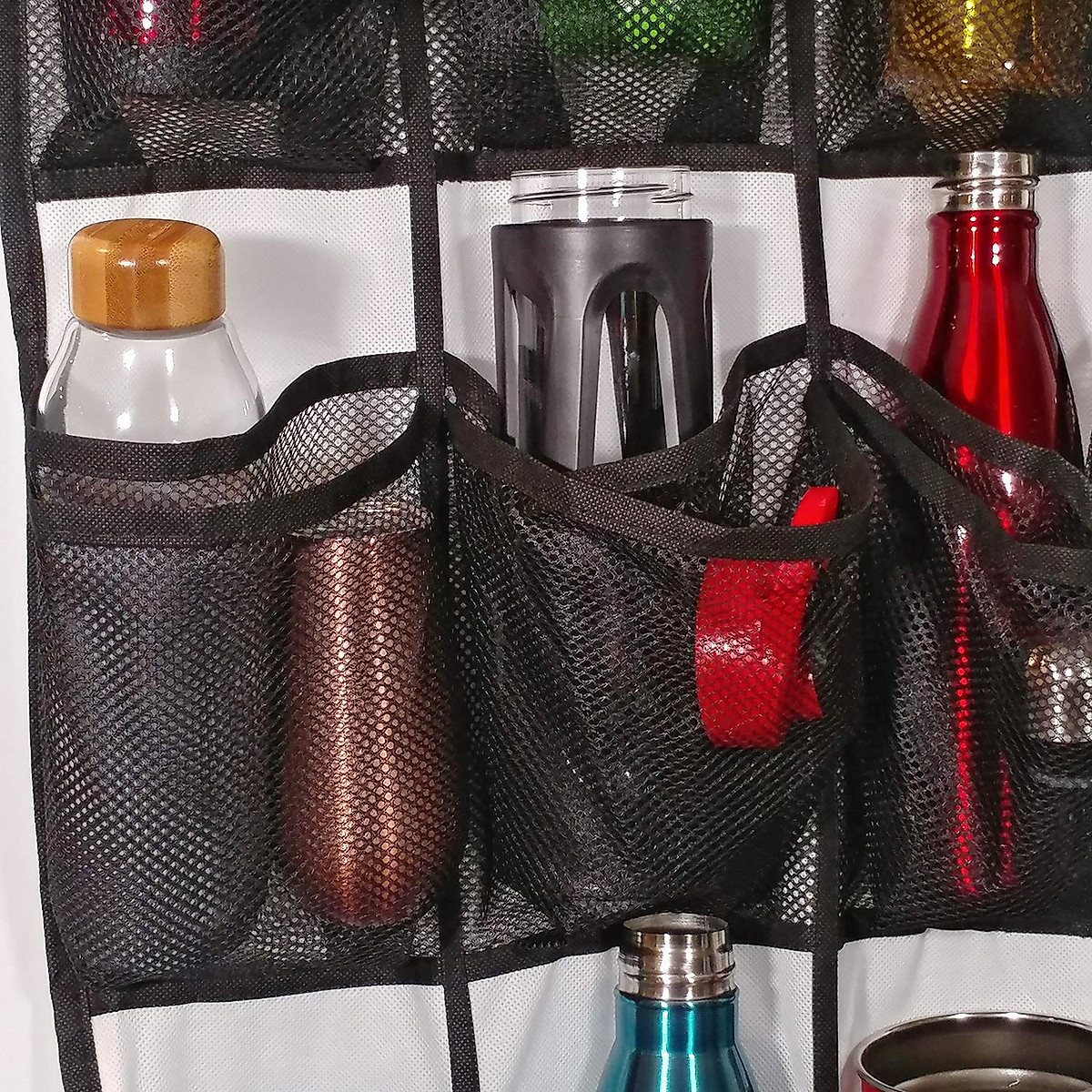 Davison Over The Door Water Bottle, Travel Mug or Tumbler and Lid Organizer. Dual Mesh Pockets Hold 12 Matching To Go Coffee Cups and Covers Together. Never Lose Drink Caps Save Time and Storage Space