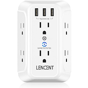 LENCENT USB Wall Charger, Surge Protector 6 Outlet Extender with 3 USB Ports, 1728J Power Strip Multi Plug,3-Sided Widely Spaced Adapter Multiple Expander,Mountable Wall tap for Home Travel Office