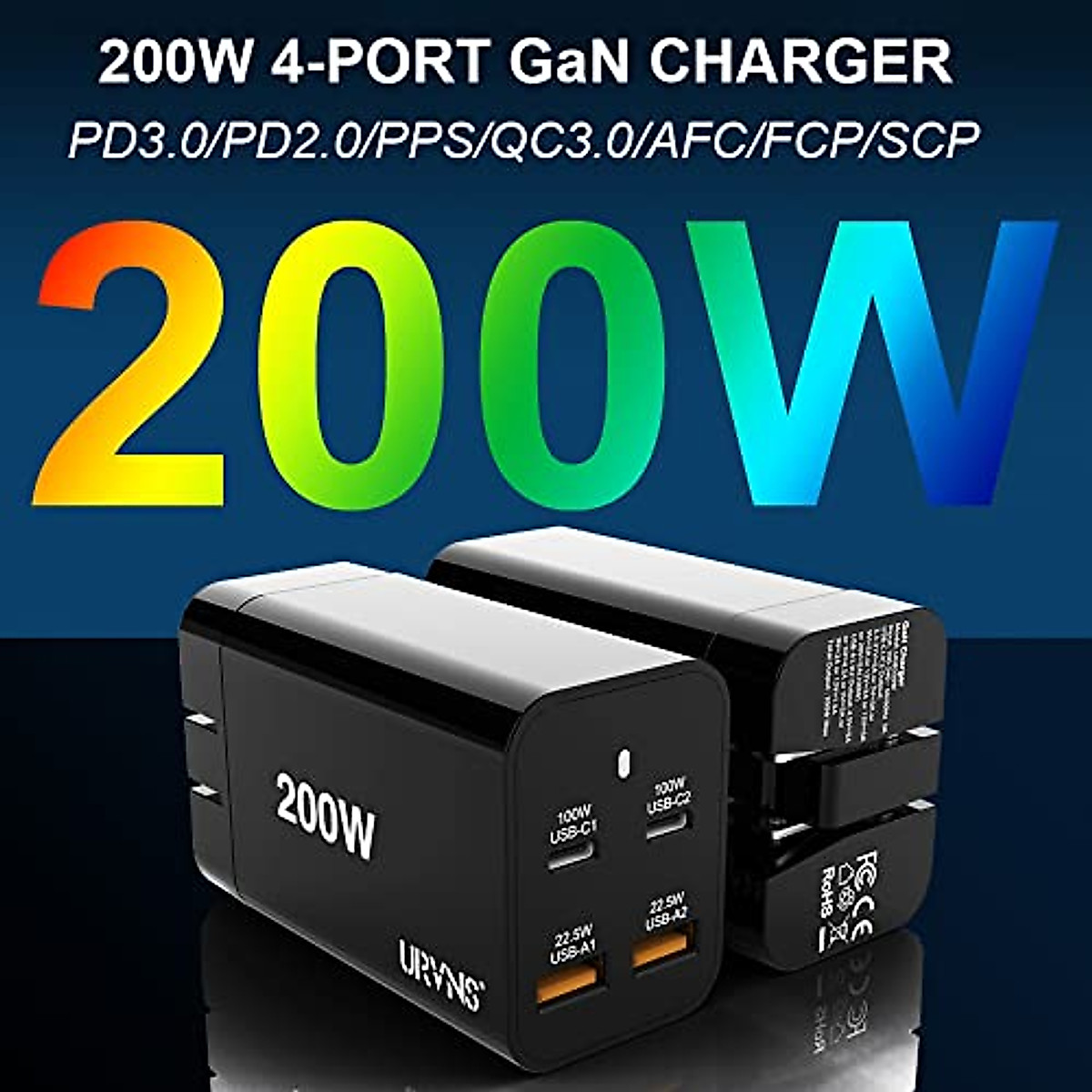 200W USB C Charger, URVNS PD 100W PPS 45W QC22.5W Super Fast Charging GaN Wall Charger with USB C Cable for MacBook iPhone 14 13 12 Pro Max iPad Samsung Pixel and More