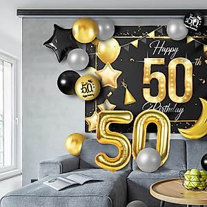 Happy 50th Birthday Balloons Gold Set Decor - Cheers to 50 Years Old Party Theme Garland Star Moon Banner Backdrop Decorations For Women and Men Supplies