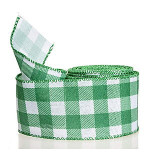 ATRBB Green and White Buffalo Plaid Ribbon Wired Edge Gingham Ribbon for St Patrick's Day Decoration and Bows Craft,10 Yards by 2.5 Inches
