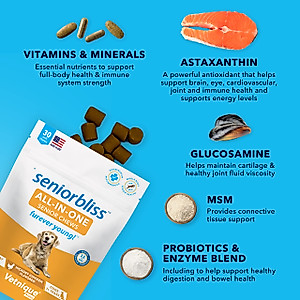 Vetnique Labs Seniorbliss All-in-One Multivitamin Chews for Senior Dogs (60ct) & Glandex Anal Gland Support Soft Chew Treats with Pumpkin for Dogs (60ct Pork) Bundle
