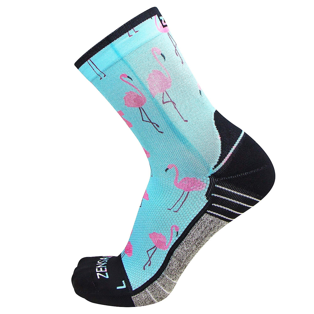 Zensah Limited Edition Mini Crew Running Socks - Anti-Blister, Fun, Athletic Socks for Men and Women (X-Large, Pink Flamingos)