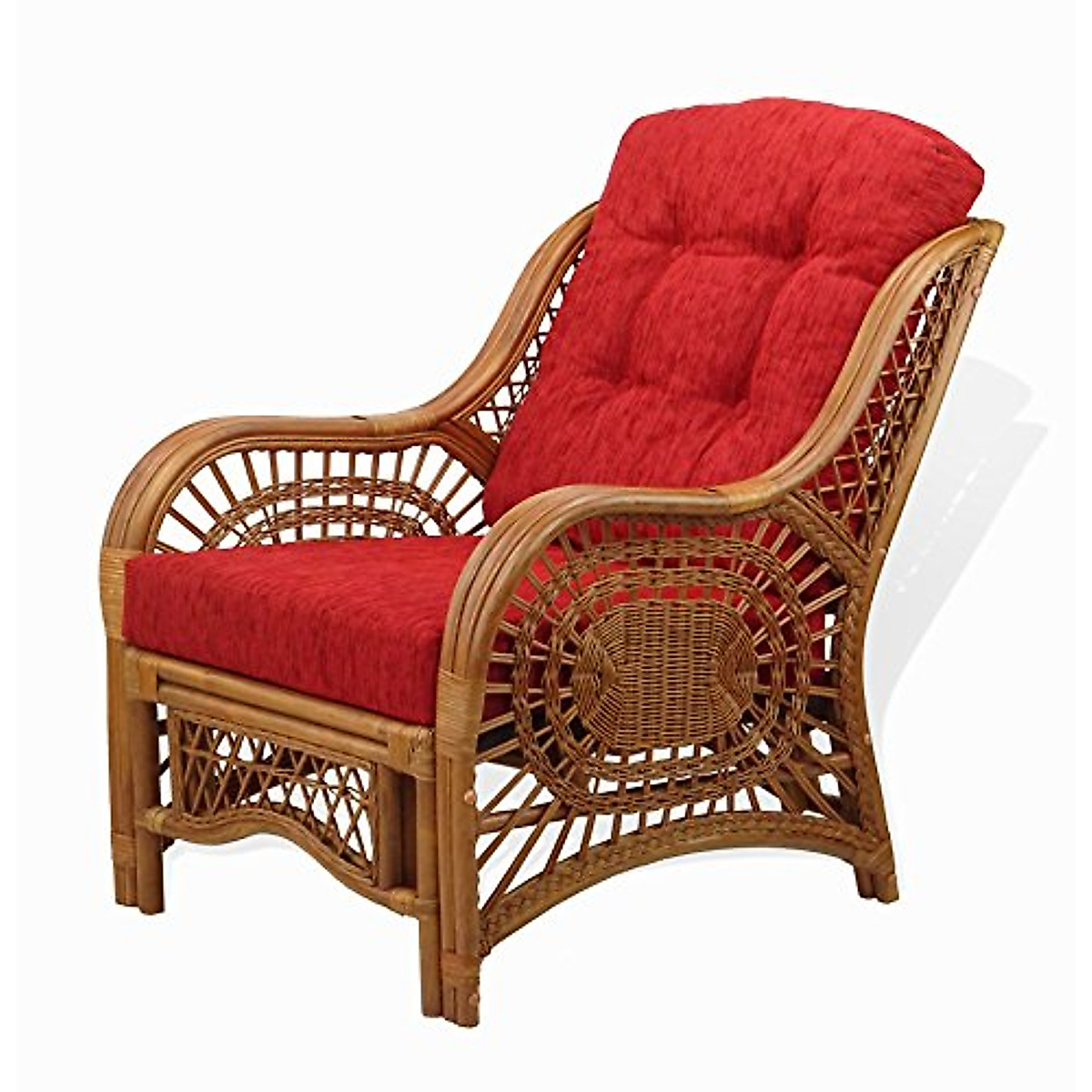 Malibu Lounge Living Accent Armchair Natural Rattan Wicker Handmade Design with Red Cushion, Colonial