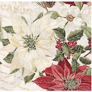 Traditional Christmas Poinsettia and Pinecone Cotton Precut Fabric - One Yard