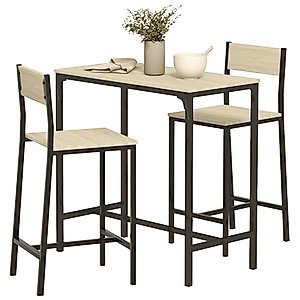 HOMCOM 3 Piece Bar Table and Chairs, Industrial Dining Table Set for 2, Counter Height Kitchen Table with Bar Stools, Breakfast Table Set for 2 for Small Space, Oak