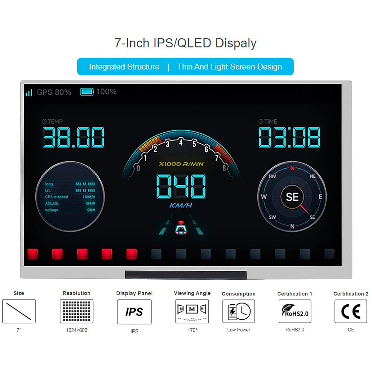 waveshare 7inch IPS Display 1024x600 Pixel, Integrated Thin and Light LCD with Adapter Board, for Raspberry Pi/Jetson Nano/Windows/PC, Support Windows/Linux/Android (No Touch Screen)