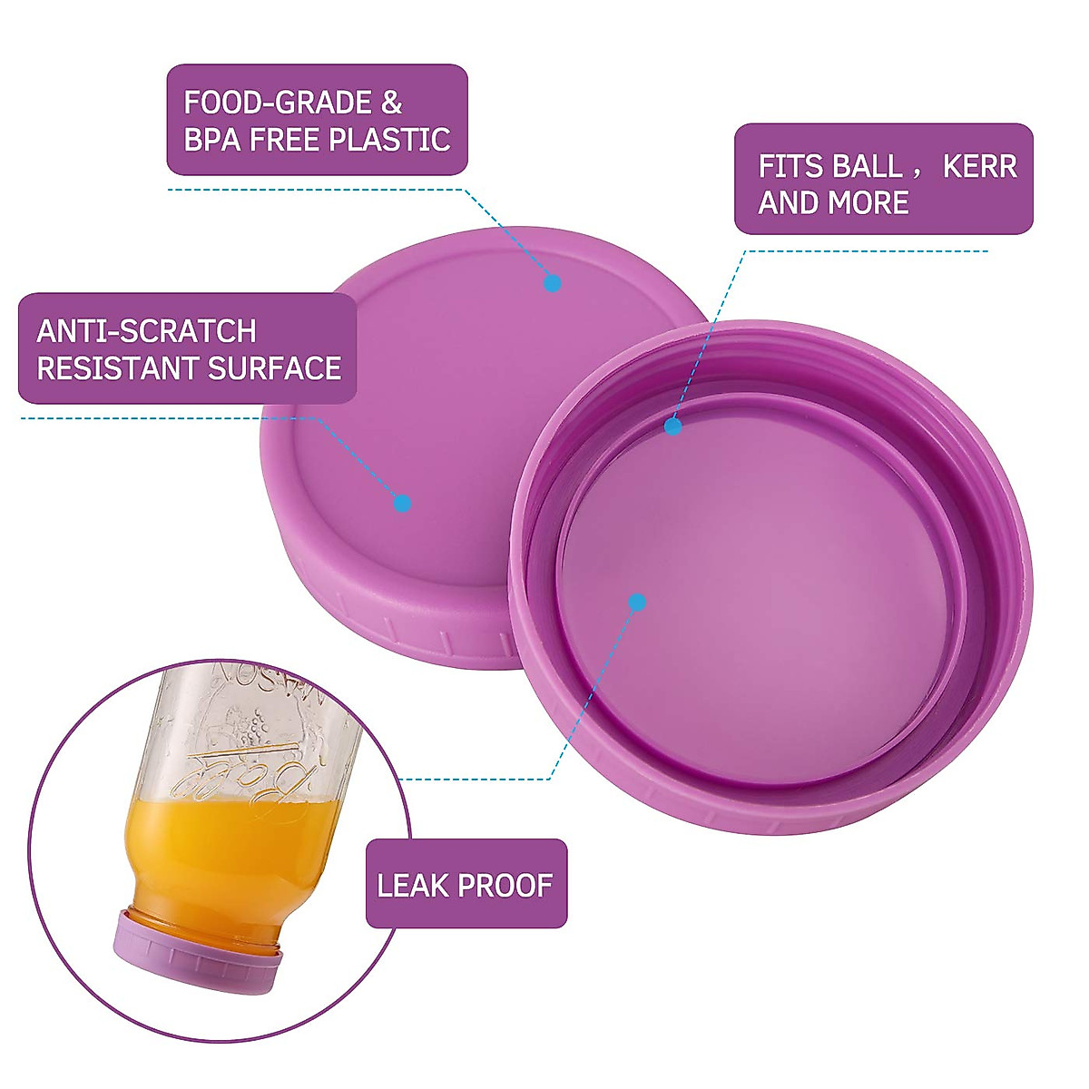 WIDE Mouth Mason Jar Lids [8 Pack] for Ball, Kerr and More - Colored Plastic Storage Caps for Mason/Canning Jars - Leak-Proof