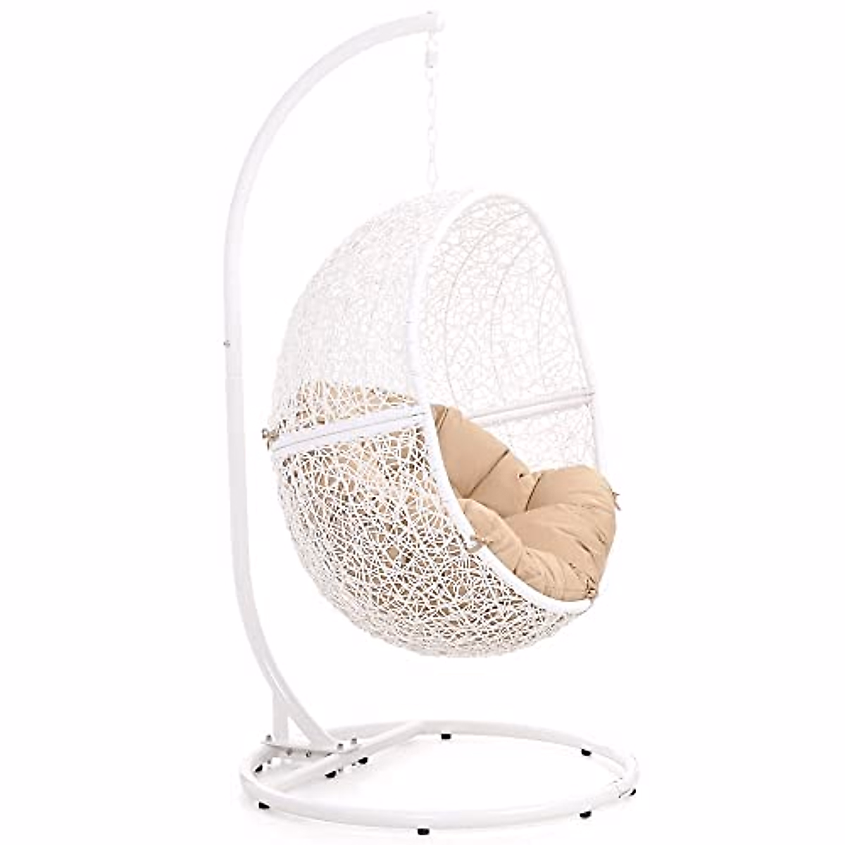Zuri Furniture Modern Shore White Basket Swing Chair Khaki Cushion with Stand