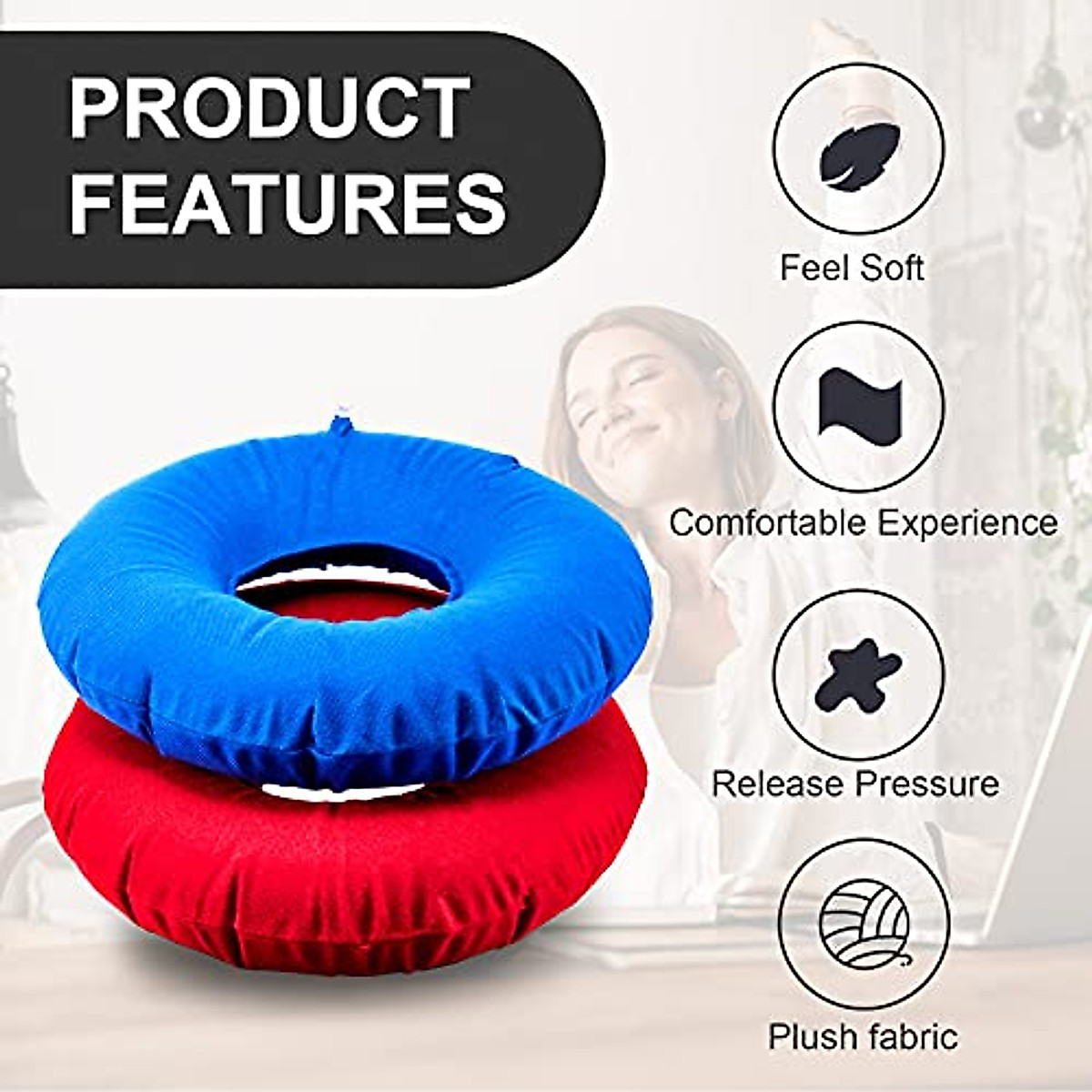 Zonon 2 Pieces Inflatable Donut Cushion Inflatable Ring Cushion Seat 15 Inch Round Inflatable Cushion Portable Donut Cushion Pillow for Home Office Chair Wheelchair Car, 2 Colors (Blue, Red)