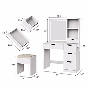 HUAHUU Vanity Desk with LED Lights Mirror & Power Outlet, 3 Lighting Colors Vanity Desk with 5 Drawers, Makeup Vanity Set and Cushioned Stool for Bedroom, White