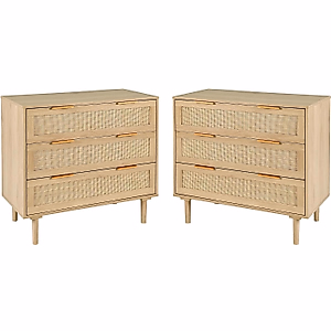 HOPUBUY Large Nightstand Set of 2 with Rattan Drawer, Modern 3 Drawer Night Stand for Bedroom, Wooden Bedside Table for Queen Size and King Size Bed,Oak
