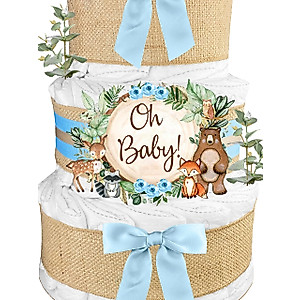 Woodland Creatures Diaper Cake - Baby Gift for a Boy - Burlap and Blue