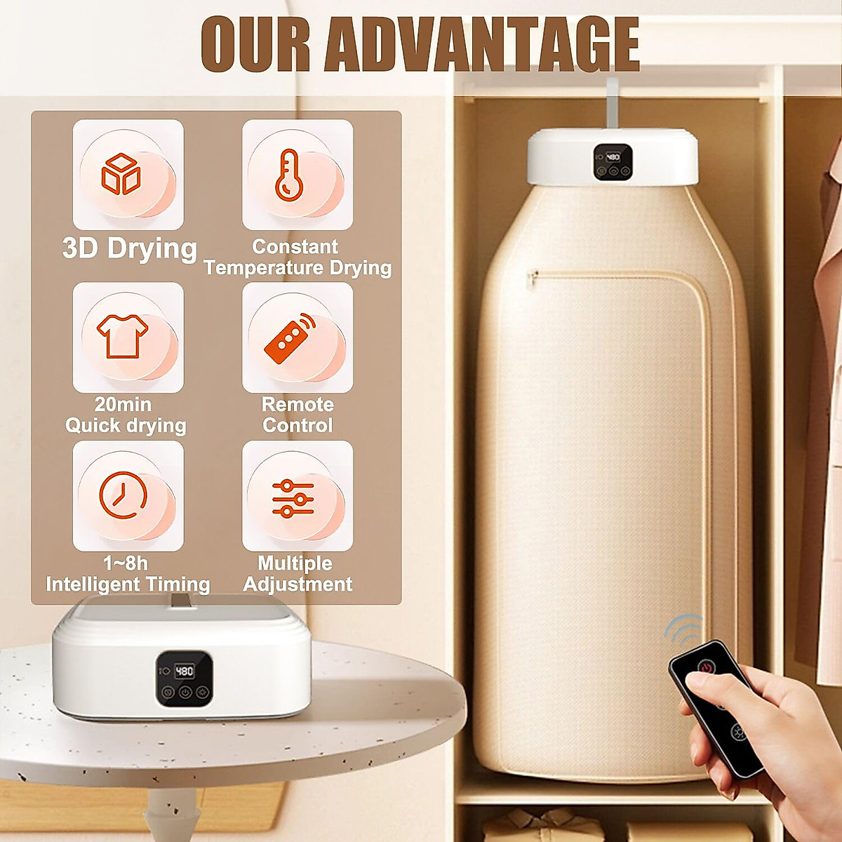 Portable Clothes Dryer, Convenient Compact Mini Laundry Dryers with Remote Control/Dryer Bag/1-8 Hours Timing/2-Speed Adjustment,Foldable Small Electric Dryer Machine, for Travel, Apartment, RV, Dorm