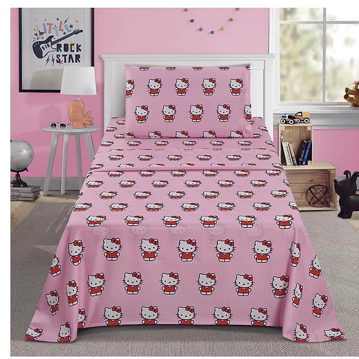 Jay Franco Twin Size Sheet Set 3 Pieces Kids Set (Hello Kitty Pink), Pink, Black, JF14545