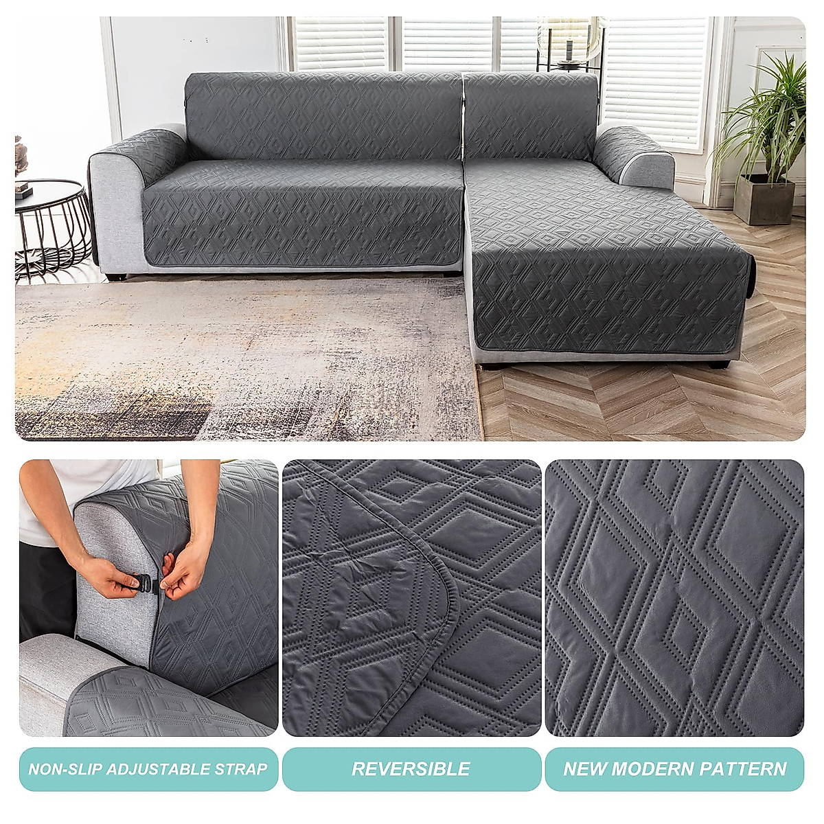 Genina Sectional Couch Covers for Dogs L Shaped Sofa Covers Chaise Lounge Cover Reversible Couch Covers for Sectional Sofa L Shape Furniture Protectors Cover for Pets, Kids (Dark Gray, Small)