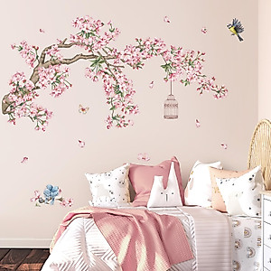 decalmile Cherry Blossom Tree Branch Wall Decals Pink Flower Birds Wall Stickers Bedroom Living Room Sofa TV Background Wall Decor