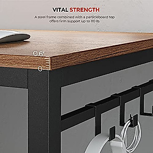 VASAGLE Computer Writing Desk, 39 Inch Office Study Table, Work from Home, with 8 Hooks, Metal Frame, Industrial, 39.4", Walnut Brown