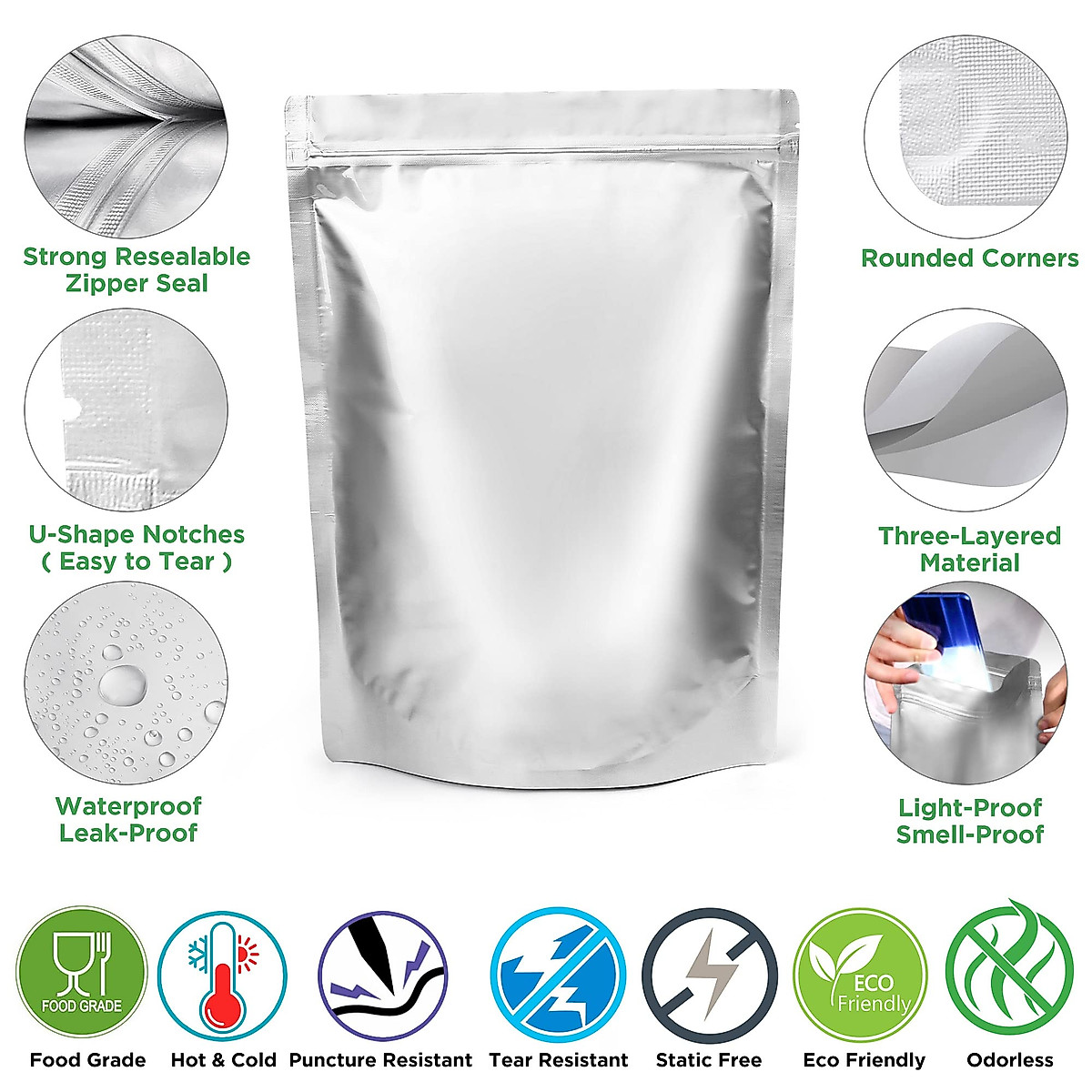 Food Container Storage Mylar Bags, 100 Pcs with Oxygen Absorbers and Labels, Resealable Ziplock Bags for Heat Sealable, 3 Sizes (Gallon, Quart, Small), Thick 8.6 Mil
