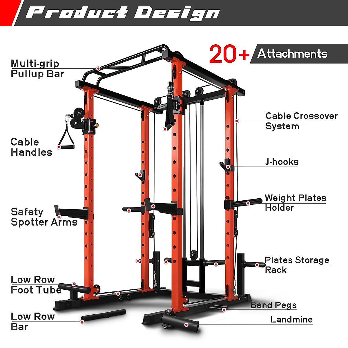 RitFit Multi-Function Power Rack Cage PPC03 with Adjustable Cable Crossover System,1000LBS Capacity, Full Home Gym Workout with J-Hook, Landmine and Other Attachments-Orange