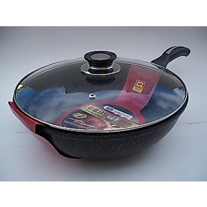 M.V. Trading Ceramic Marble Coated Cast Aluminium Non Stick Stir Fry Wok With Glass Lid, 32 cm